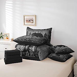 Feelyou Bear Comforter Set with Sheets Full Size 7 Piece Kids Rustic Bear Bedding Set Cabin Lodge Bear Bed in a Bag Farmhouse Nature Wildlife Bear Grey Bed Set