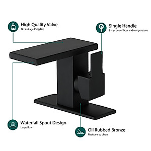 Hoimpro Matte Black Bathroom Faucet, Waterfall Vanity Faucet, Stainless Steel Sink Faucet for Bathroom and Lavatories, Side Single Handle Faucet with cUPC Water Supply Line,Deck Plate,1 or 3 Holes