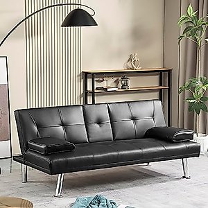 ERYE Modern Futon Sofa Loveseat Convertible Sleeper Couch Bed for Small Space Apartment Office Living Room Furniture Sets, Upholstered Love Seat Sofabed, Black PU Leather Tufted Cupholders Metal Legs