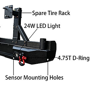 TIOYAR Textured Black Rear Bumper Compatible with Toyota 2016-2023 Tacoma 3rd w/Spare Tire Holder & Spare Fuel Drum Holder & 4 LED Lights & D-Ring+Sensor Mounting Holes