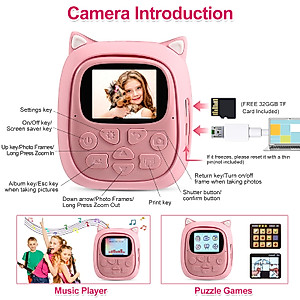 MINIBEAR Instant Print Camera for Kids Camera for Girls 50MP Kids Digital Camera, Toddler Camera Travel Essential Toys Christmas Birthday Gifts for Girls and Boys Kids Selfie Video Camera, Pink
