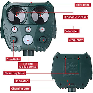 Green Ultrasonic Animal Repellent Outdoor Deterrent Devices Solar Pest Repeller with PIR Motion Sensor and LED Light Repel Squirrel Rodent Raccoon Skunk Deer for Yard Patio (4)