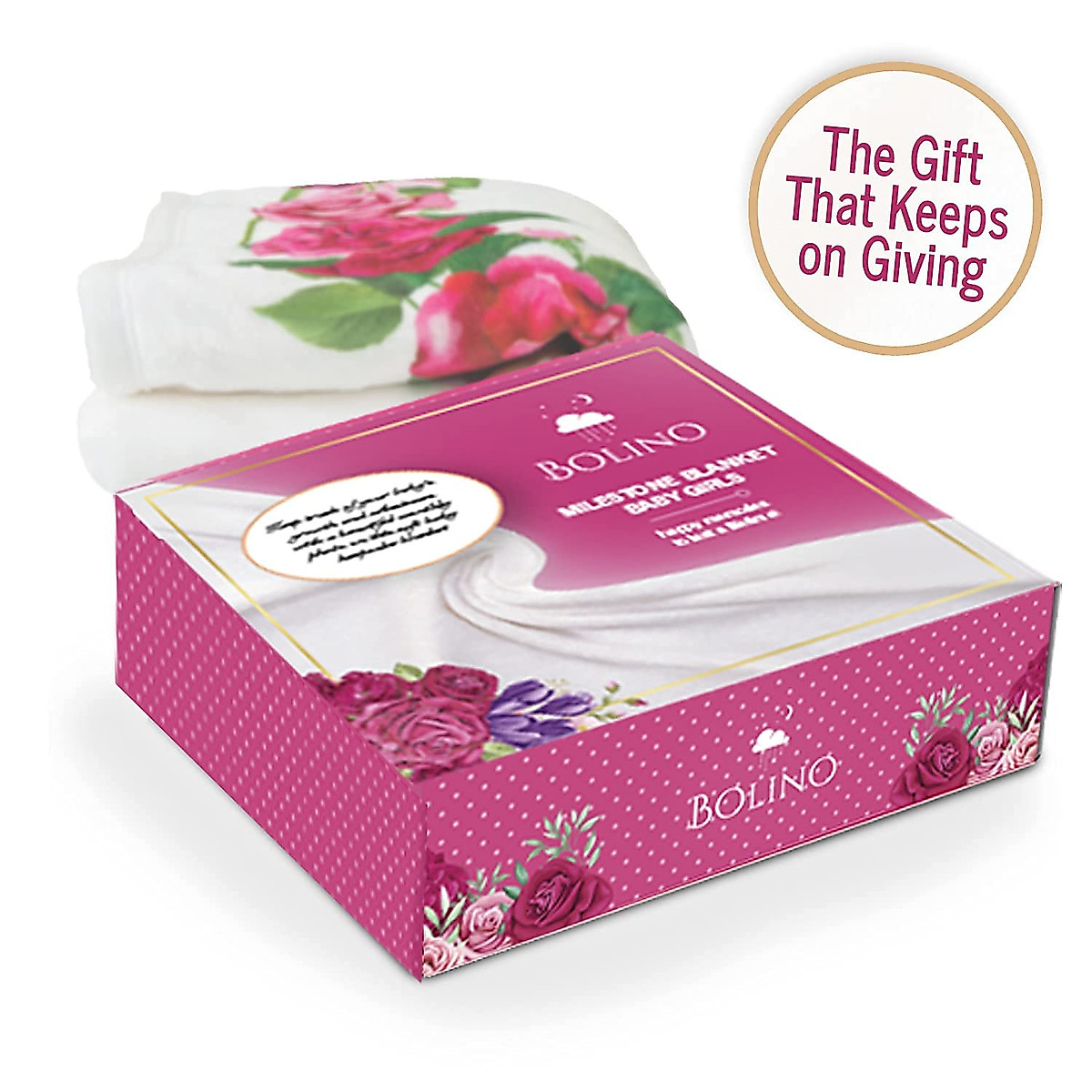 Bolino Baby Milestone Blanket for Girls Photo Prop ‎with 2 Frames, 5 Hair Bands, Flower Design in Soft ‎Minky Fleece - Baby Gift for Newborn Girl - 40x51 ‎In - Pink Flowers on White Background