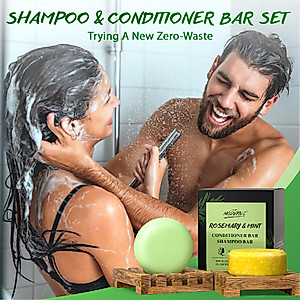 POP MODERN.C Rosemary Solid Shampoo and Conditioner Bar Set for Hair Growth, Moisturizing, 160g, 2.8219 Ounce, 2x80g Soaps, 2 Wooden Holder, Mother's Day Gift