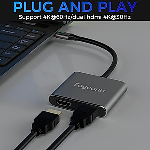 Togconn 4K USB C to Dual HDMI Adapter, Supports 4K@60Hz, USB C to Dual HDMI Female Connector, Type C (Compatible Thunderbolt 3) to 2 HDMI Converter, for MacBook Pro/Air, Dell XPS 13/15