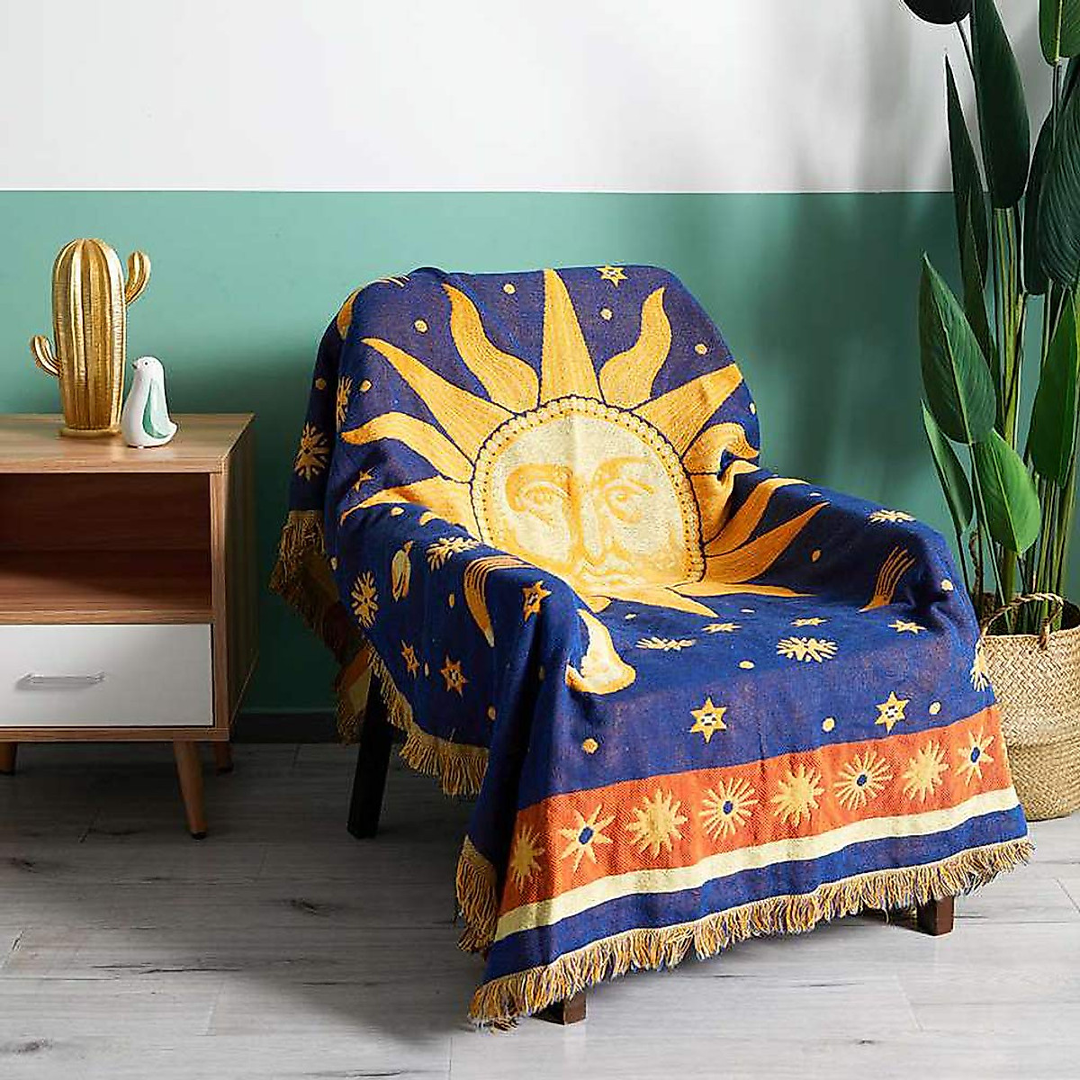 Erke Moon and Sun Throw Blanket Celestial Chair Recliner Cover Bed Spread Hippie Room Decor, Double Sided Cotton Woven Sofa Couch Furniture Aesthetic Throws - 50" X 70", Yellow/Blue