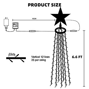 Dazzle Bright Christmas Tree Lights with Star Topper, 300 LED Waterfall Tree Lights with Remote & 11 Modes, 6.6FT X 12 Lines Christmas Lights for Outdoor Yard Xmas Tree (Warm White & Multi-Colored)