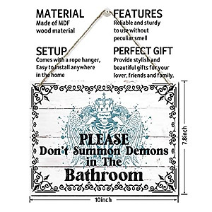 AUII JO DESIGN Halloween Wooden Wall Art Signs, Hanging Printed Wall Plaque Wood Signs, Please Don't Summon Demons in the Bathroom Sign, Halloween Bathroom Decor, Bathroom Sign 10 X 7.8 in