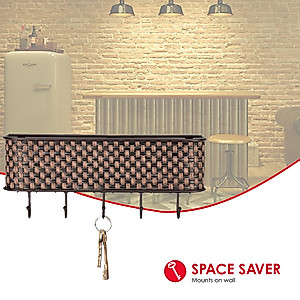 Home Basics Wall Mount Mail Letter Organizer Basket Shelf and 5 Key Hook/Holder in Brown Weave