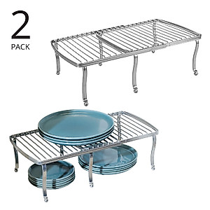 mDesign Expandable Wire Metal Kitchen Cabinet Shelf Rack - Adjustable Pantry, Countertop, Cupboard Shelf Organizer - Dish and Plate Storage Space-Saver, Hyde Collection, 2 Pack/4 Pieces, Silver