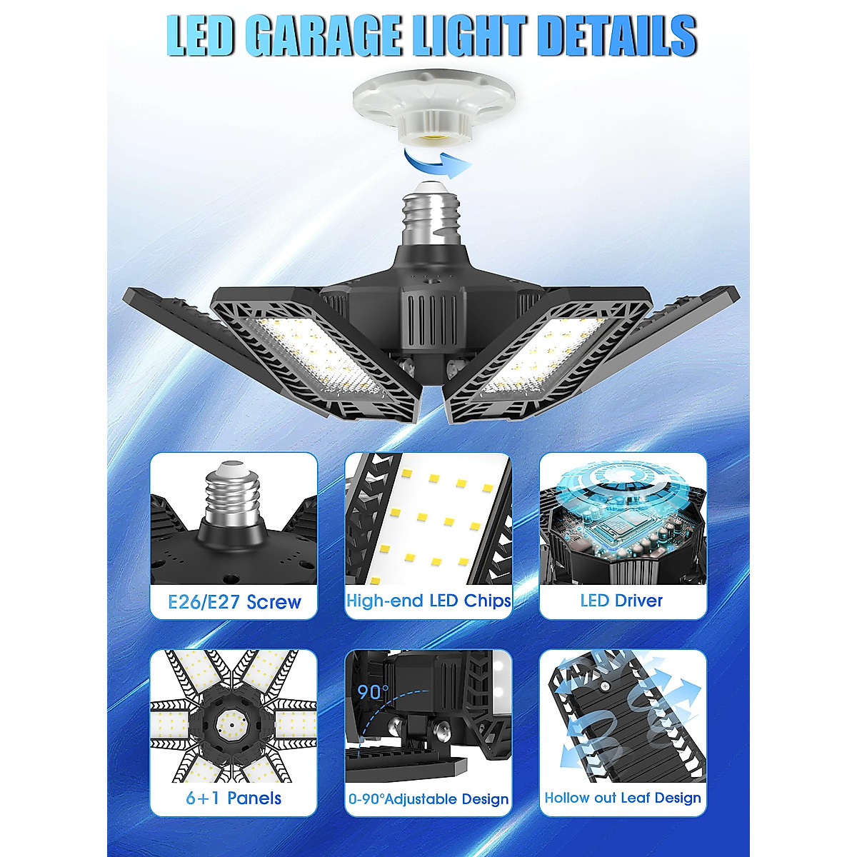 LED Garage Lights 1 Pack - 180W 18000LM Garage Lights Ceiling Led with 6 Adjustable Panels, 6500K Daylight Deformable Garage Lighting Bulb Fit E26/E27, LED Light for Garage Shop Barn Basement