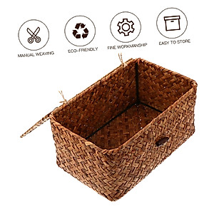 Didiseaon 2 Pcs Woven Storage Box Storage Baskets with Lids Baskets with Lids for Organizing Wicker Shelf Tall Wicker Basket Desk Storage Organizer Seaweed Case Rectangle Bamboo Storage Rack