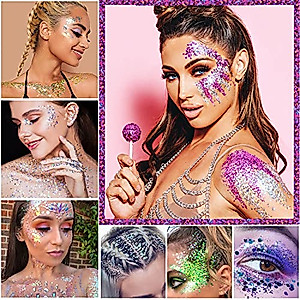 12 Colors of Holographic Chunky Glitter No Glue Attached, 12 Pots Total 120g Multi-Shaped for Body Hair Face Eyes Make-up, Nail Art and Bedazzling in Party/Concert/Events Glitter