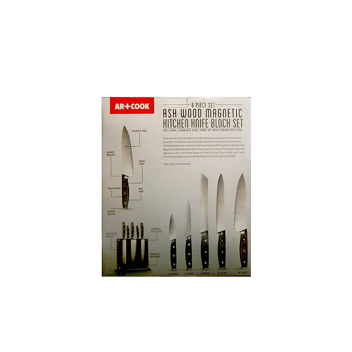 Art and Cook Stainless Steel 5 Piece Knife Set with 1 Magnetic Block: 8" Chef's Knife, 8" Slicer Knife, 8" Bread Knife, 5" Utility Knife, 3.5" Paring Knife, 1 Ash Wood Block