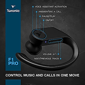 Turonic F1 Pro - True Wireless Earbuds - 45H Playtime, Charging case, Mic, IPX7 Waterproof Bluetooth Headphones w/Microphone - Sport Wireless Earphones with Earhook for Gym, Running, Workout - Black