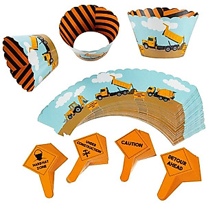 Juvale 100-Piece Construction Zone Cupcake Toppers and Wrapper Liners for Kids Birthday Party Supplies