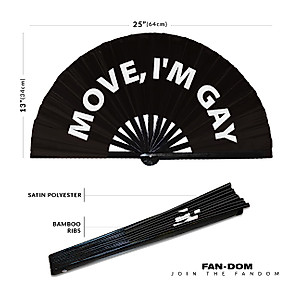 Move, I'm Gay Hand Fan Foldable Bamboo Circuit Hand Fan Funny Pride LGBT Gag Words Slang Expressions Statement Gifts Festival Accessories Rave Handheld Circuit Event Clack Fans (Black)