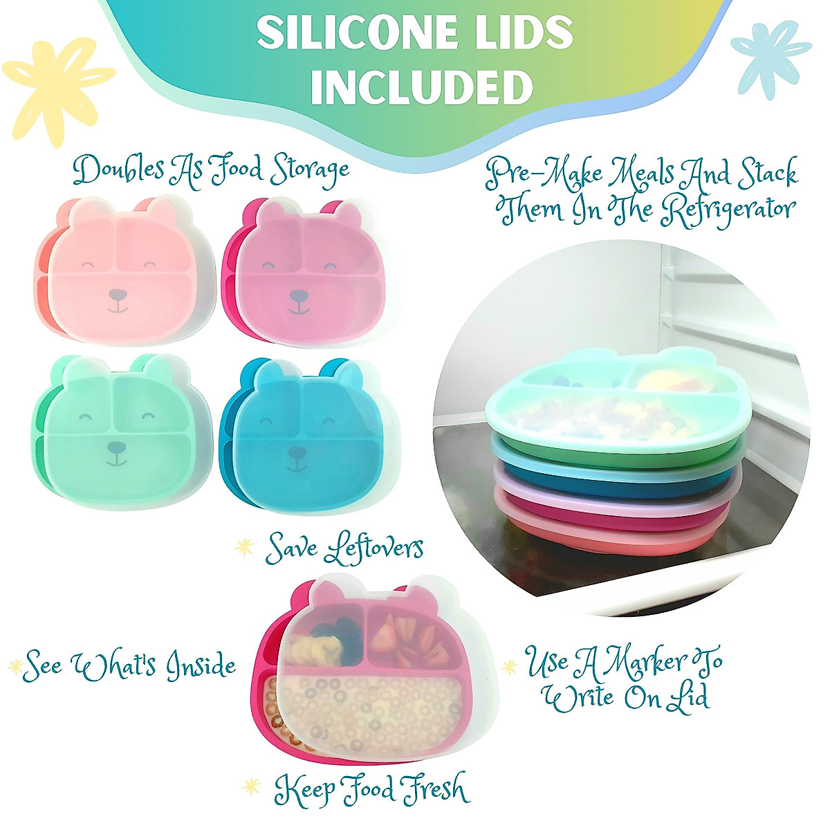 ANKSO Innovations 2 Pack-Silicone Suction Toddler Plates with Lids Divided| Baby Plates with Suction and Lids| BPA Free| Microwave/Dishwasher Safe| Divided Plates for Kids (Blue/Green)