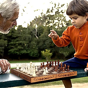 Syrace Magnetic Chess & Checkers Set Board Games, Kids and Adults Wooden Foldable Hand Carved Portable Travel Chess Board Game Sets with Game Pieces & Storage Slots 15.74"