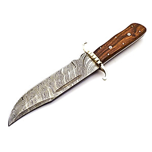 Skokie Knives Custom Hand Made Damascus Steel Hunting Bowie Knife Handle Walnut Wood With Mosic Pins And Brass Guard