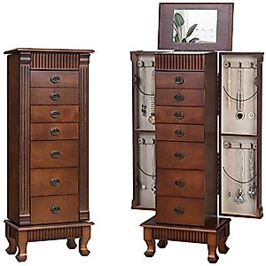 HOMGX Cabinet Chest, Makeup Mirror and Top Divided Storage Organizer, Large Standing Jewelry Armoire with 7 Drawers, 2 Swing Doors, 12 Necklace Hooks