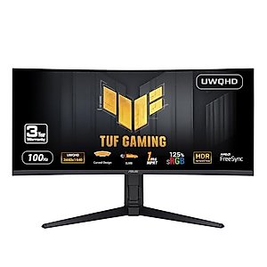 ASUS TUF Gaming 34” Ultra-Wide Curved HDR Monitor (VG34VQEL1A) - 21:9, UWQHD (3440 x 1440), 100Hz, Extreme Low Motion Blur, FreeSync, 1ms, DisplayPort, HDMI, USB, Tripod Socket, Height Adjustable