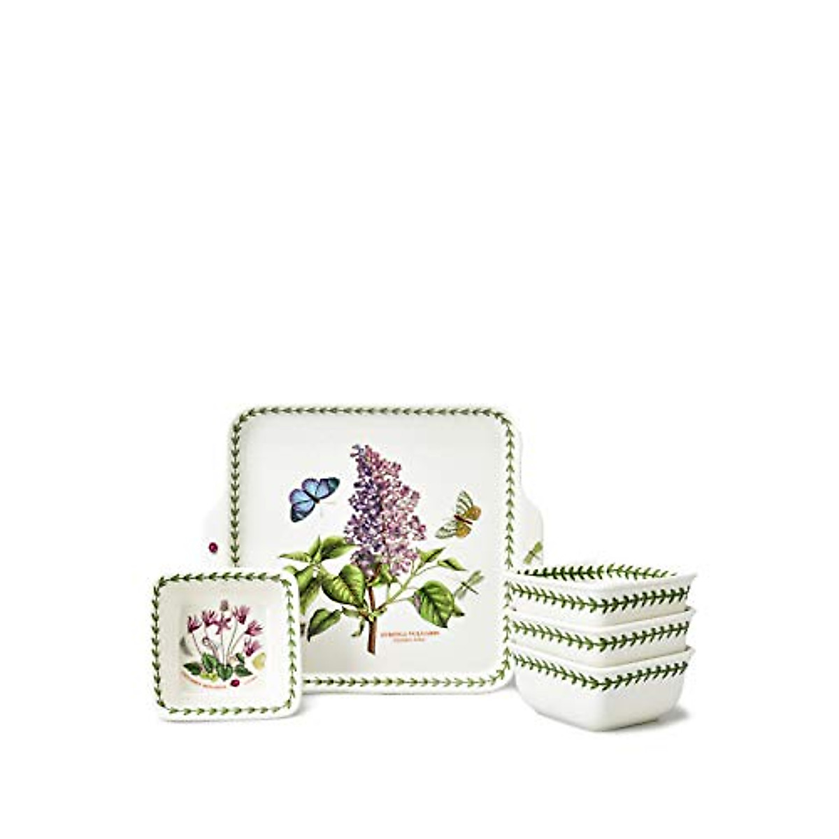 Portmeirion Botanic Garden 5-Piece Accent Bowl Set | 8 Inch Handled Plate with 3.75 Inch Square Bowls | Assorted Floral Motifs | Made from Porcelain | Microwave and Dishwasher Safe