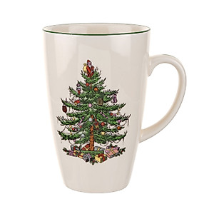 Spode Christmas Tree Latte Mug - 22 Oz Holiday Coffee Cup for Tea, Hot Cocoa, and More - Classic Green Banded Christmas Tree Design - Dishwasher & Microwave Safe Fine Earthenware Mug