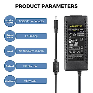 LeTaoXing 36V 3A Power Supply Adapter AC 100V~240V to DC 36 Volt Converter 108W 3amp 36 Vdc 36V/3A Transformer 5.5x2.5mm Plug for Engraver Printer Electric Drill LED Strip Light Water Pump