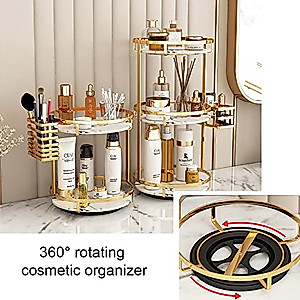 WINTENT Metal Rotating Makeup Organizer with makeup brush holder ,2 tier Lazy Susan Bathroom Organizer Countertop Gold (2 Tier)