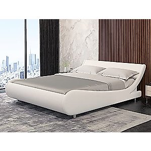 Modern King Upholstered Platform Bed Frame,Low Profile Bed Frames with Ergonomics Headboard, Faux Leather Bed/No Box Spring Needed/Easy Assembly,White