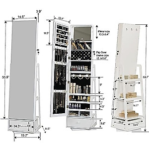 MASMIRE 360 Swivel Full Length Mirror With Storage & Built-In Light, 63.7'H Mirror Jewelry Cabinet Standing With 3 Drawers - Lockable Jewelry Armoire With 3 Storage Racks - White