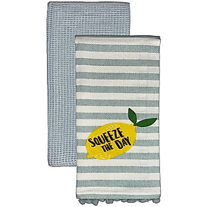 Petal Cliff Set of 2, 100% Cotton White Herringbone Pom Poms Funny Kitchen Towels with Lemon Saying, Squeeze The Day and Sky-Blue Dyed Waffle Weave Kitchen Towels/Dish Towels Size: 16 X 28 Inch.