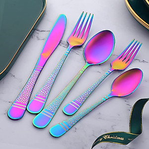 Buyer Star Rainbow Flatware Cutlery Silverware Set 20 Pieces, Stainless Steel Titanium Colorful Utensils, Cutlery Set,Tableware Set, Reusable, Mirror Polished, Dishwasher Safe