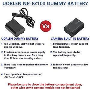 UORLEN NP-FZ100 A7III A7IV Dummy Battery AC Power Adapter Kit for Sony Alpha A7 III, A7 IV, A7SIII A7RIII A7RIV A7RV FX30 FX3 A7C A6600 A6700 A1 ZV-E1 A9, A7R III IV V Cameras