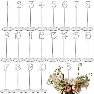 Beeveer 20 Pcs Acrylic Table Numbers 1-20 Wedding Table Numbers with Stands Party Table Number for Wedding Reception Anniversary Party Baby Bridal Shower Restaurant Banquet (Silver)