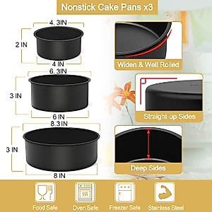 E-far Deep Cake Pan Set of 3 (4/6/8 Inch), Nonstick Stainless Steel Round Cake Pans Tins for Baking Layer Wedding Cakes, Stainless Steel Core & Nontoxic Coating, Deep & Straight Side
