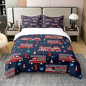 Erosebridal Firefighting Truck 100% Cotton Duvet Cover Twin, Fire Truck Bedding Set for Kids Teens Boys, Cartoon Emergency Rescue Vehicle Comforter Cover, Red Blue Fire Hydrant Roadblock Quilt Cover