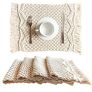 SnugLife Macrame Placemats Set of 4 - Handmade Cotton Woven Boho Placemats - Modern Farmhouse Fringe Placemats for Dining Table, Kitchen, Bohemian Wedding Décor, Rustic Natural Off White, 12”x18”