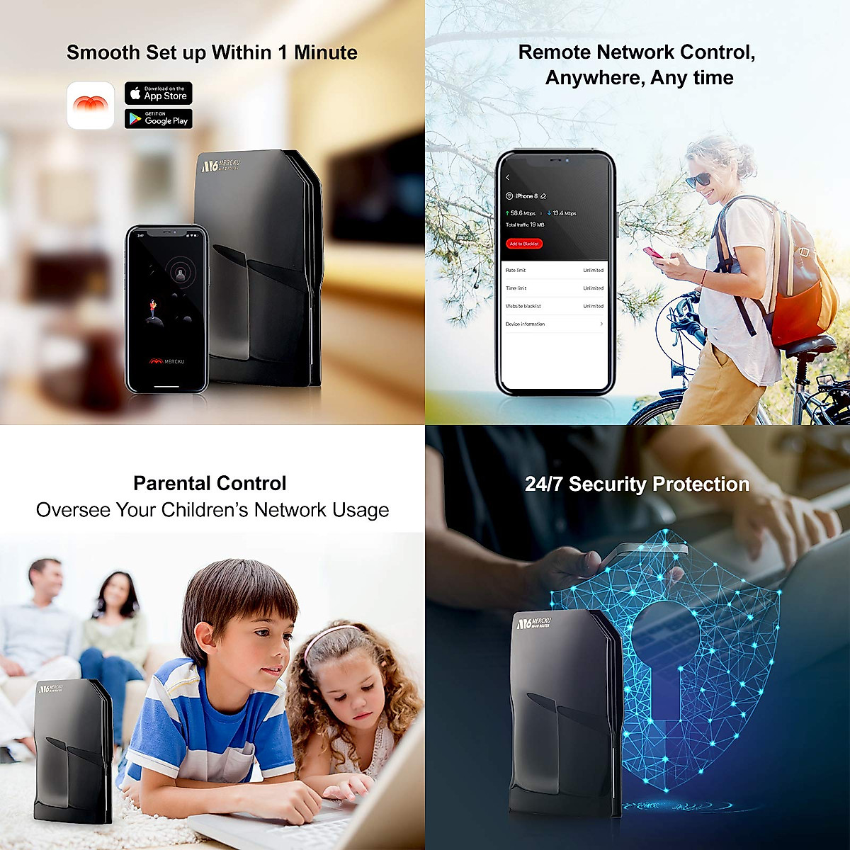 Mercku M6 Wi-Fi 6 Router for Wireless Internet Mesh Wi-Fi System 1 Pack up to 3,000 Sq.Ft. Can Add More Units to Form a Mesh Wi-Fi System, Dual-Band Gigabit Router, App Control, AX1800, Cosmo Black