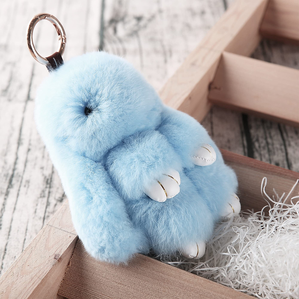 YISEVEN Easter Basket Stuffers Bunny Stuffed Animal Plush Toy Rabbit Fur Keychain Fluffy Soft Cute Fuzzy Accessories Furry Ball Key Chain Gift for Women Teens Girls Kids Backpack Purse - Arctic Blue
