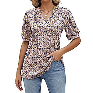 Womens V Neck Shirts Short Sleeve Summer Tops Puff Pleated Casual Tunic Blouses Floral Pink XXL