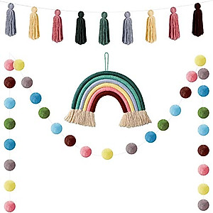 3 Pieces Tassel Garland Pom Pom Ball Banner Cotton Tassel Garland Banner Macrame Rainbow Wall Hanging Decor for Boho Home Party Baby Shower Supplies (Soft Rainbow Colors)
