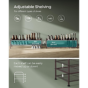 SONGMICS Shoe Rack, 2-Tier Shoe Organizer, Metal Shoe Shelf Storage with 4 Side Hooks, Holds 12 Pairs of Shoes, Height-Adjustable Shoe Rack for Entryway, Hallway, Closet, Easy Assembly, Chestnut Brown