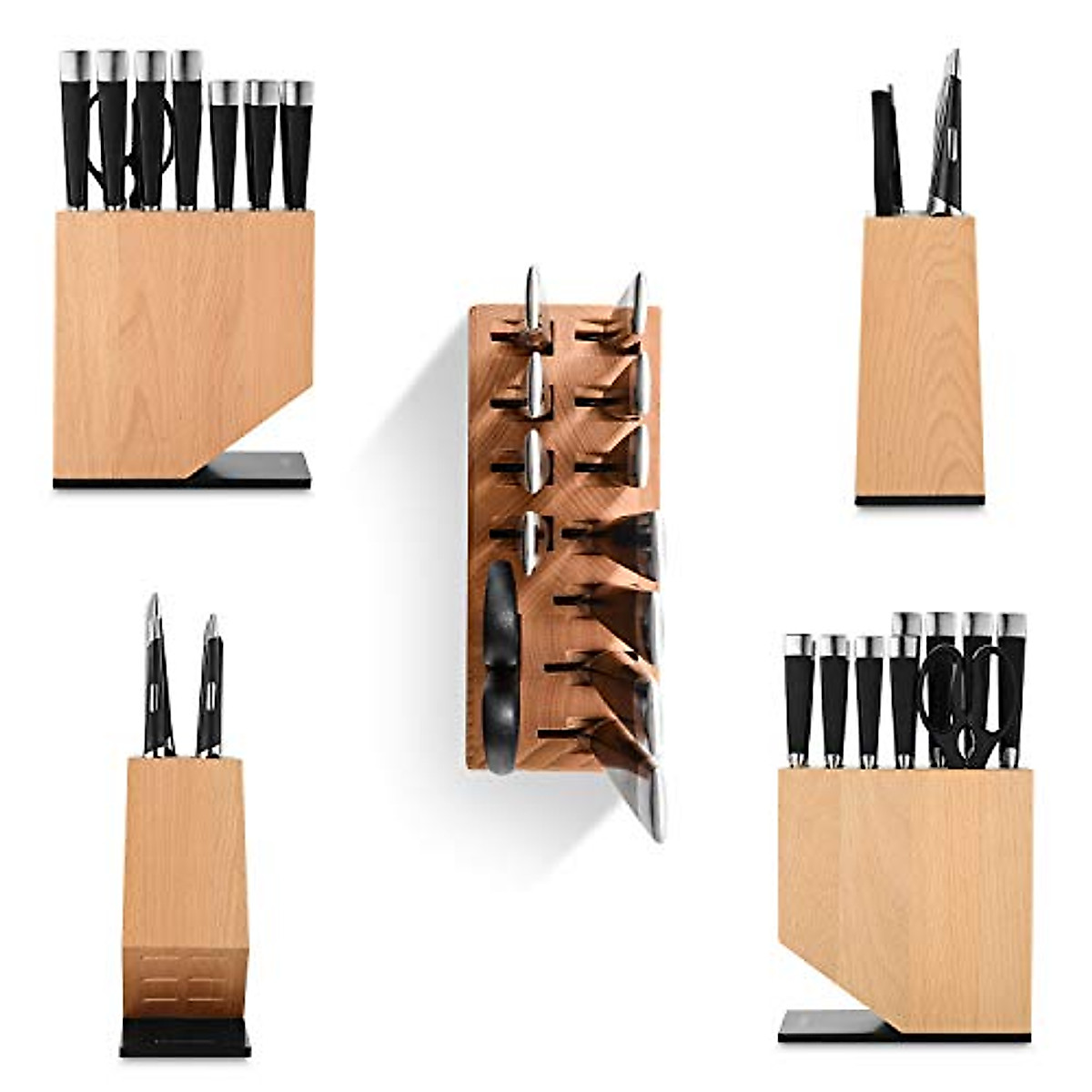 Linoroso Knife Set, 13-Piece Kitchen Knife Set with Block Sharp Chef Knife Set, German High Carbon Stainless Steel Knife Block Set with Beech Block with Black Oxide Stainless Steel Base