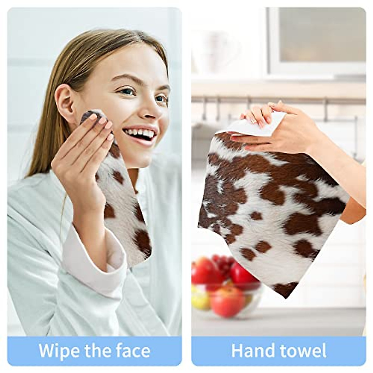 Cow Brown White Washcloth 12x12in Set, 4 Pack Absorbent Cotton Towel Square Kitchen Dishes Towels, Soft Cleaning Face Hand Towel Fast Drying