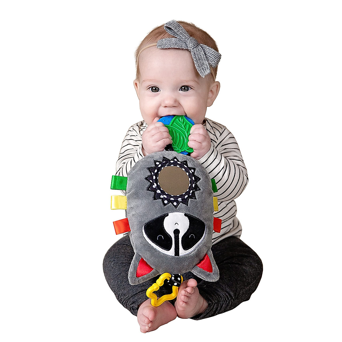 Kalianii Squish 'N Play Raccoon Activity Toy- Multi-Sensory Learning Baby Toy - Stroller Toy, Car Seat Toy, Tummy Time Toy, Teether Toy, Baby Gift - with Mirror, Rattle & Taggies