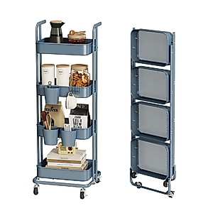 Merapi 4 Tier Foldable Rolling Cart, Metal Utility Cart with Wheels, 3 Hanging Cups and 6 Hooks, Folding Trolley for Living Room, Kitchen, Bathroom, Bedroom and Office, Blue