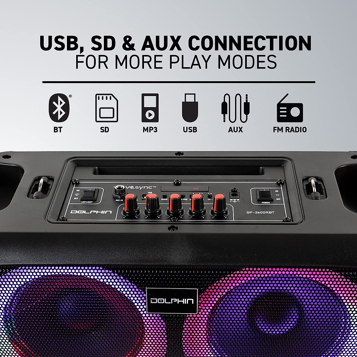 Dolphin Boombox Portable Bluetooth Speaker - Crisp Sound - Dual 6.5" Woofer, 1" Tweeter