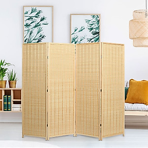 Decorative Freestanding Beige Woven Bamboo 4 Panel Hinged Privacy Screen Portable Folding Room Divider
